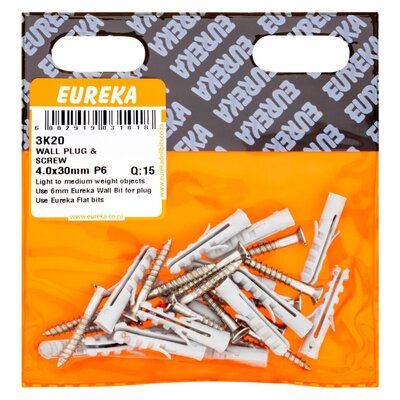 Eureka Wall Plug & Screw 4.0x30mm P6 15 Pack | Smart Price Specials ...