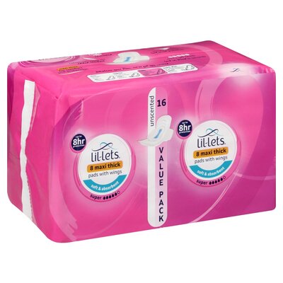 Lil-lets Unscented Super Maxi Thick Pads With Wings 16 Pack | PnP