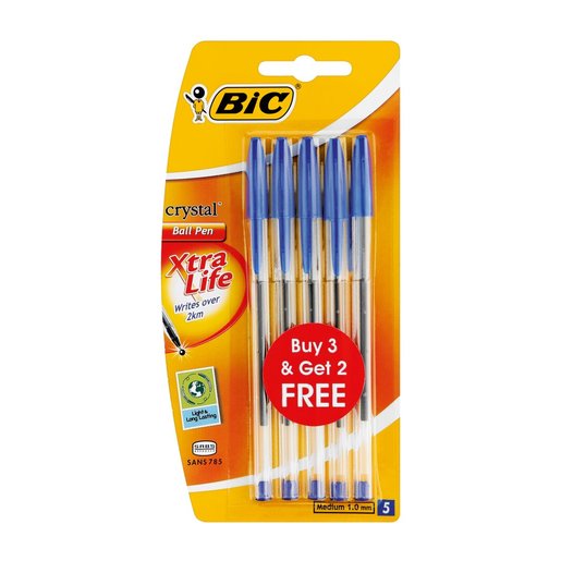 BIC Crystal Medium 3 + 2 Blue Pens | PnP