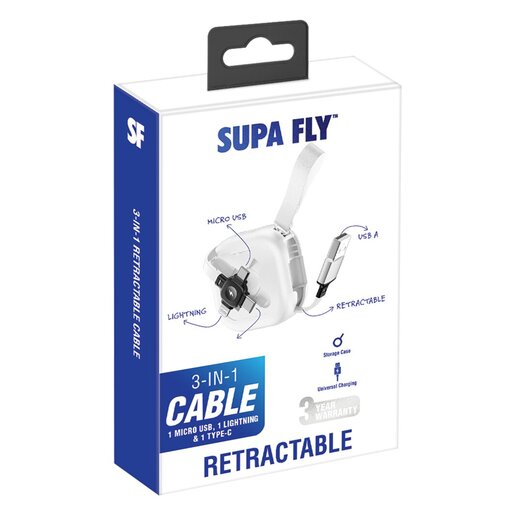 SUPA FLY RETRACTABLE 3IN1 CHARG CBLE WHT | PnP