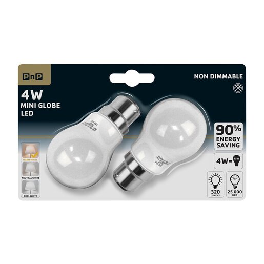 PnP 4w Mini Globe LED Non Dimmable Winter Warm 2 Pack | PnP