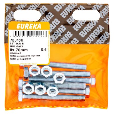 Eureka Screw & Nut Galvanized Set 8 x 70mm 6 Pack | PnP