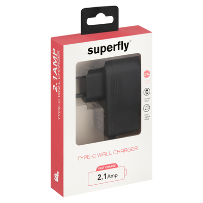 Superfly 2.1A Type C Fixed Black Wall Charger | PnP