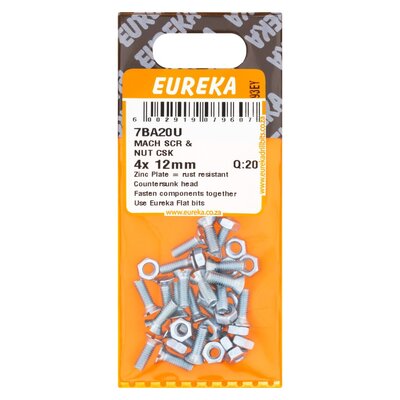 Eureka Machine Countersunk Screw & Nut 4 x 12mm 20 Pack | PnP