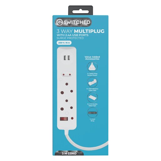 Switched White 3way Surge Multiplug With Dual USB Port 3m | PnP