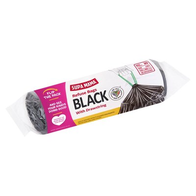 Supa Mama Black Refuse Bags With Drawstring 750mm x 900mm 20 Pack | PnP