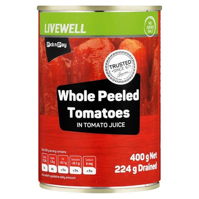 PnP Live Well Whole Peeled Tomatoes 400g | PnP