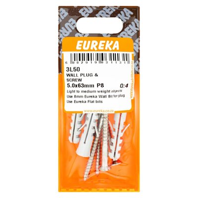 Eureka Wall Plug & Screw 5.0 x 63mm P8 4 Pack | PnP