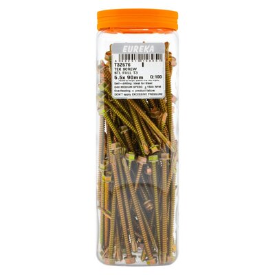 Eureka Tek Screw Steel Full Thread T3 5.5 x 90mm 100 Pack | PnP