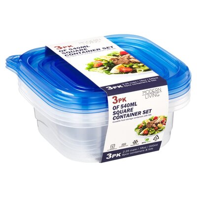 Modern Living Polypropylene Square Containers with Lids 540ml 3 Pack | PnP