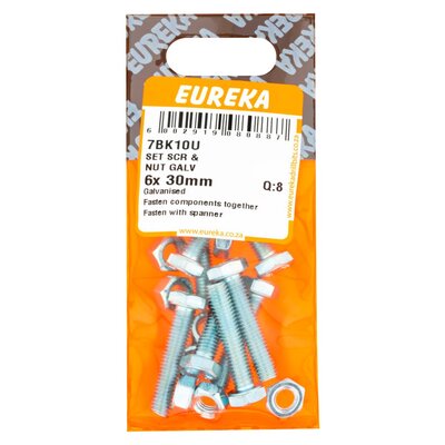 Eureka Screw & Nut Galvanized Set 6 x 30mm 8 Pack | PnP