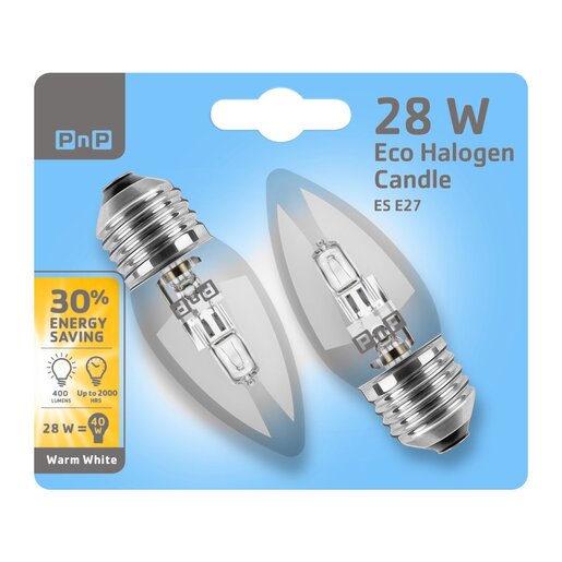 PnP 28W Eco Halogen Candle in Warm White Light Bulb 2 Pack | PnP