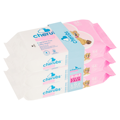 Cherubs Fragrance Free Baby Wipes Value Pack 3 x 64 Pack | PnP