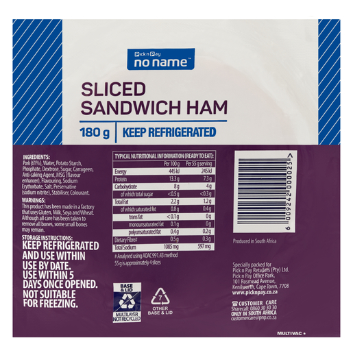 No Name Sliced Sandwich Ham 180g | PnP