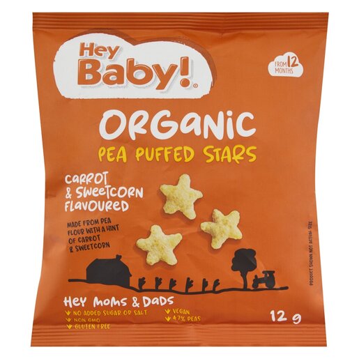 Hey Baby Organic Carrot & Sweetcorn Flavoured Pea Puffed Stars 12g | PnP