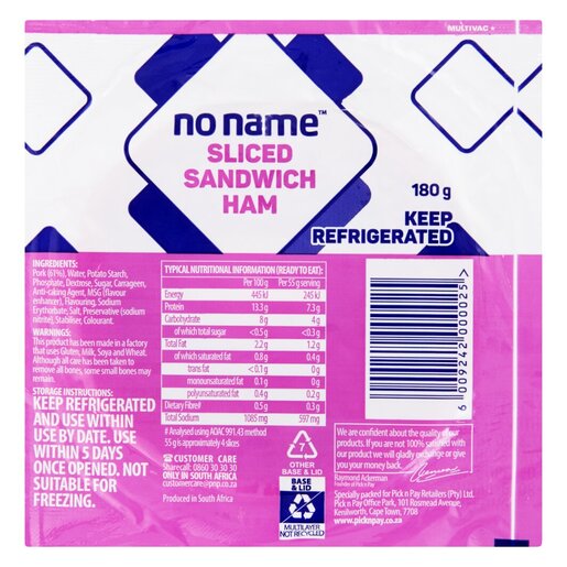 No Name Sliced Sandwich Ham 180g | PnP
