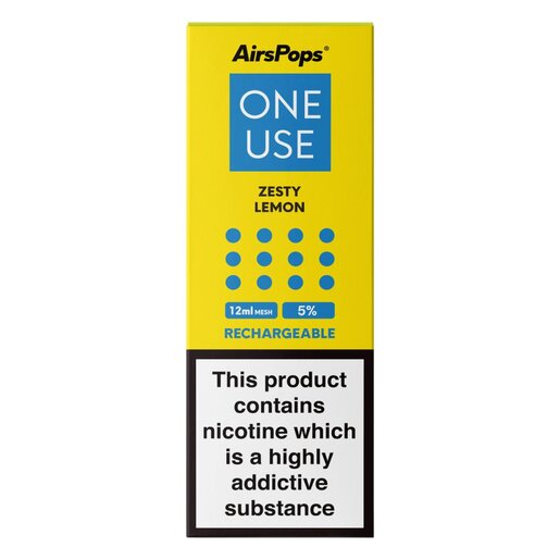 AirsPops One Use Zesty Lemon 5% Nicotine Salt Rechargeable Vape 12ml | PnP