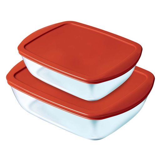 Pyrex 2 Piece Cook & Store Glass Dishes With Lids Set Red 1.1L & 2.5L ...